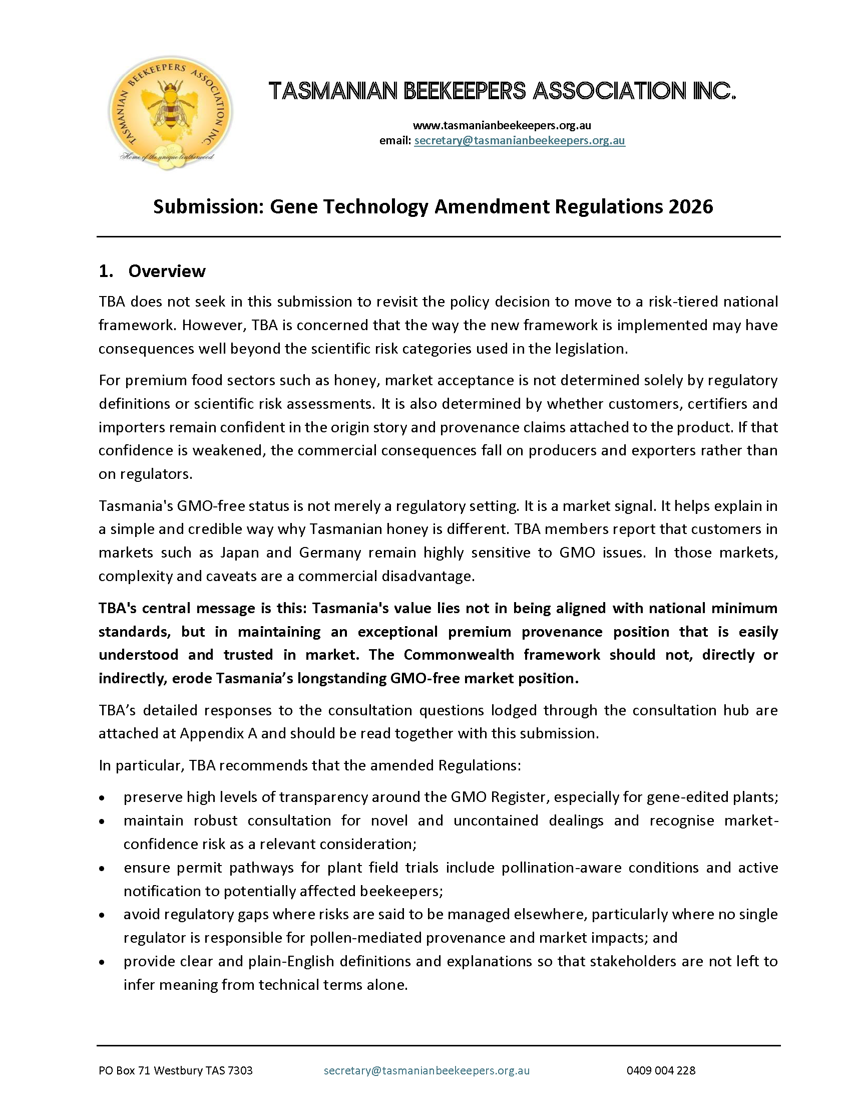 Submission – Tasmanian Beekeepers Association – Amending the Gene ...
