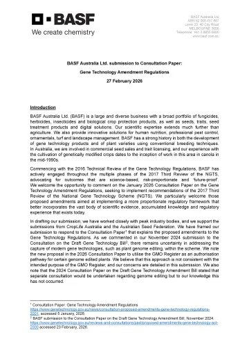 Submission – BASF – Amending the Gene Technology Regulations 2001